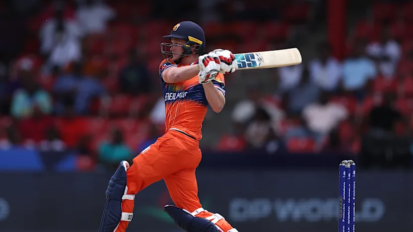 Sybrand Engelbrecht hits one onto the roof | BAN v NED | T20WC 2024 ...